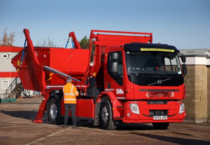 First Volvo FE Electric Skiploader For Biffa